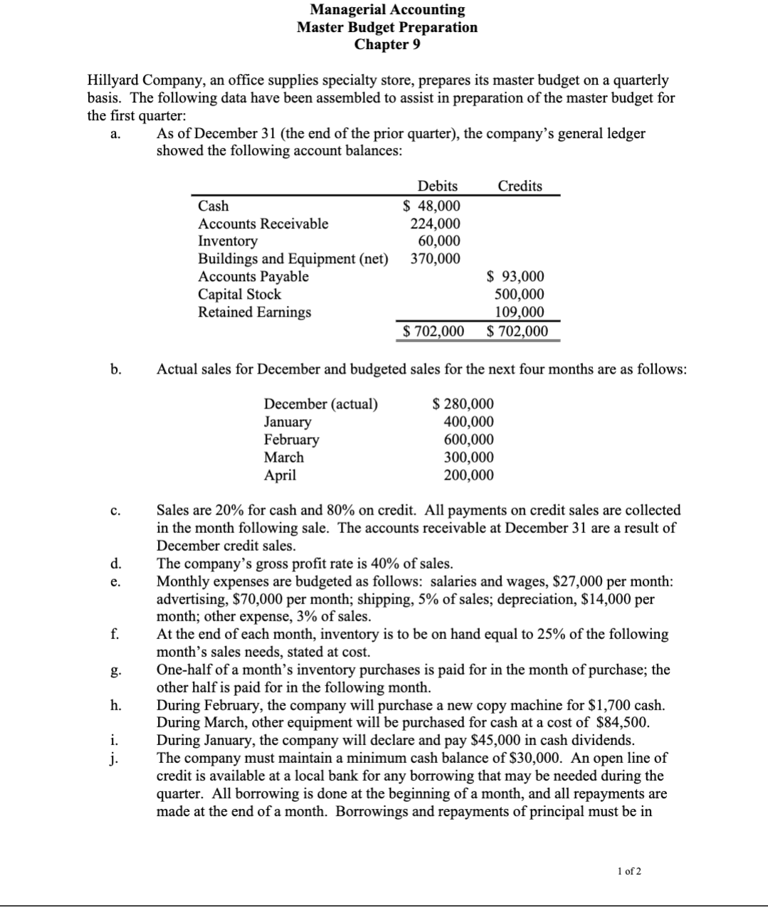 Solved create a excel sheet on the master budget prep please | Chegg.com