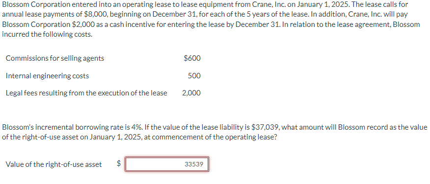 Solved Blossom Corporation entered into an operating lease | Chegg.com