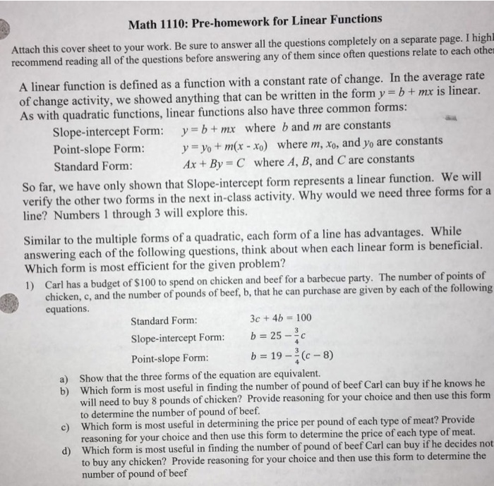 Solved Math 1110 Pre Homework For Linear Functions Attach