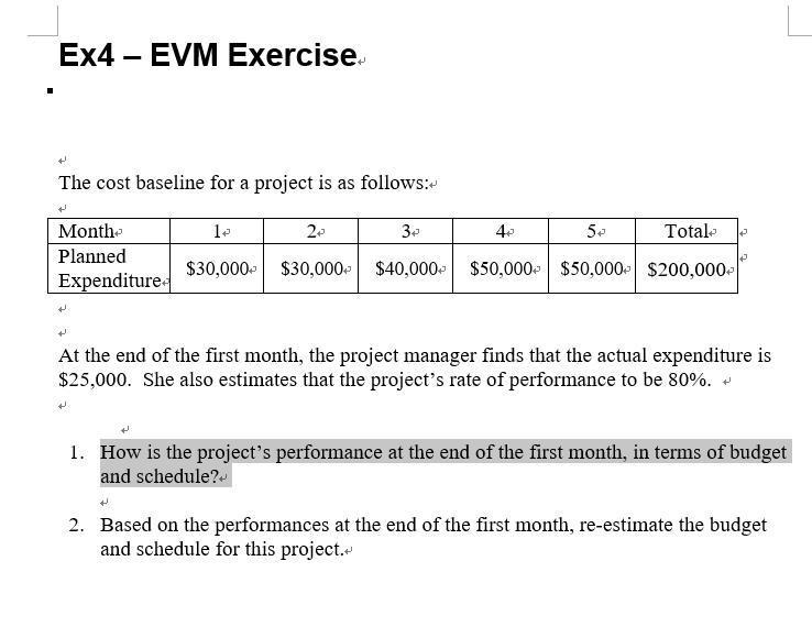 Solved Ex4 - EVM Exercise The cost baseline for a project is | Chegg.com