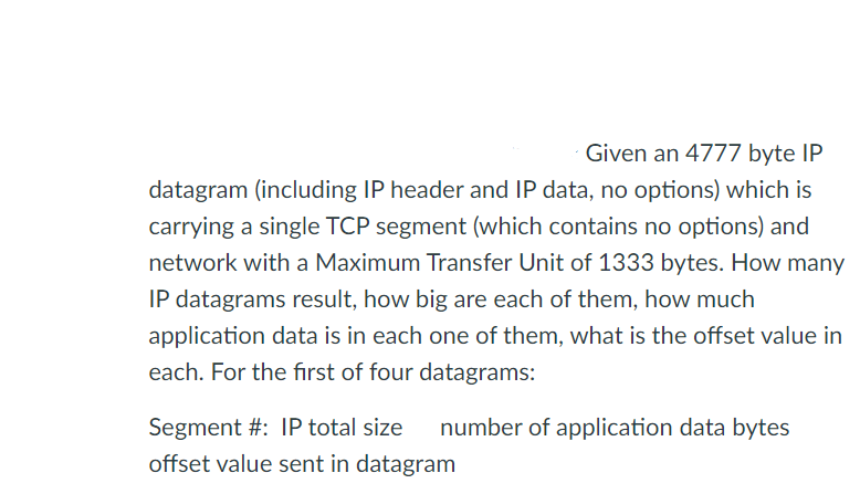 Solved Given an 4777 byte IP datagram (including IP header | Chegg.com