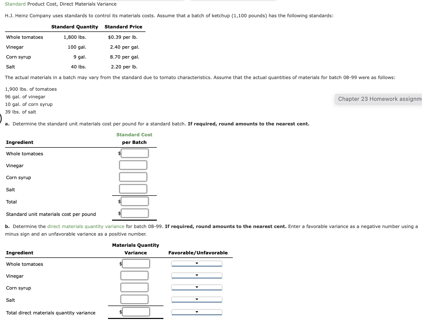 Solved Standard Product Cost Direct Materials Variance H J