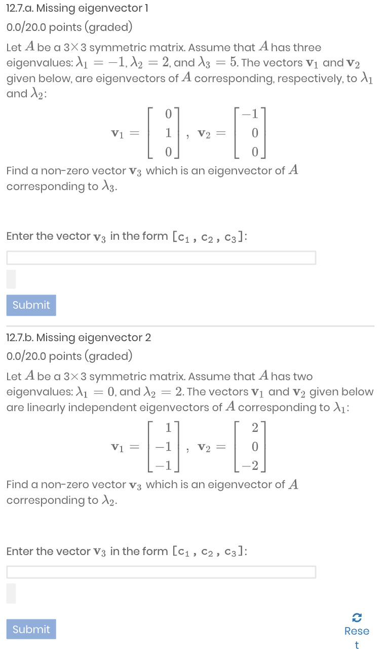 Solved 12.7.a. Missing eigenvector 1 0.0/20.0 points | Chegg.com