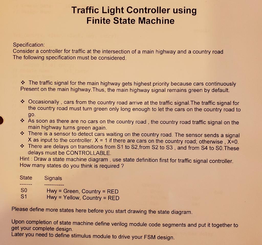Solved Traffic Light Controller using Finite State Machine | Chegg.com
