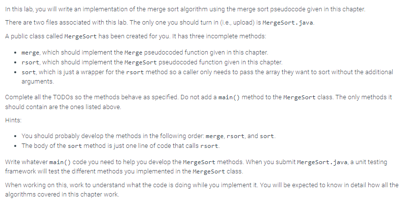 Solved public class MergeSort { /** * Sorts an | Chegg.com