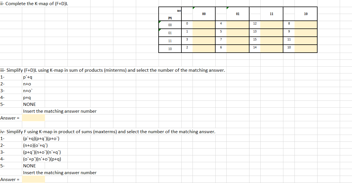 Solved F(n,o,p,q)= n'o pq+n'op'+ n'o'pq+ no pq+ n'o pq'+ | Chegg.com