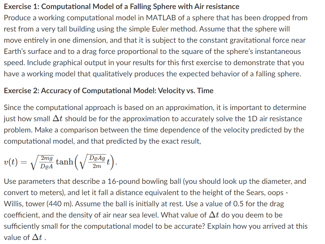 Solved Exercise 1: Computational Model of a Falling Sphere | Chegg.com
