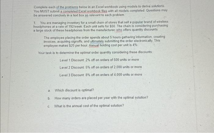 Solved Complete each of the problems below in an Excel | Chegg.com