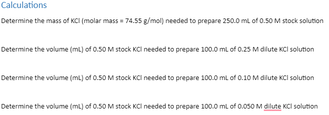 Solved Calculations Determine the mass of KCl (molar mass | Chegg.com