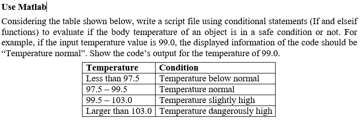 Solved Use Matlab Considering the table shown below, write a | Chegg.com
