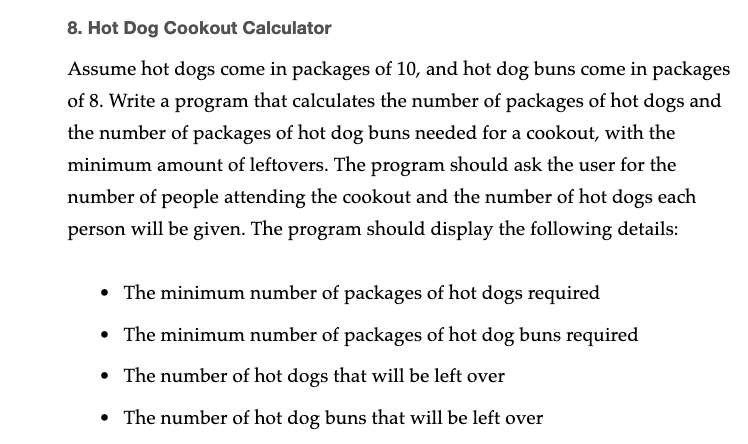 Solved Part a. Hot Dog Cookout Calculator problem from the | Chegg.com