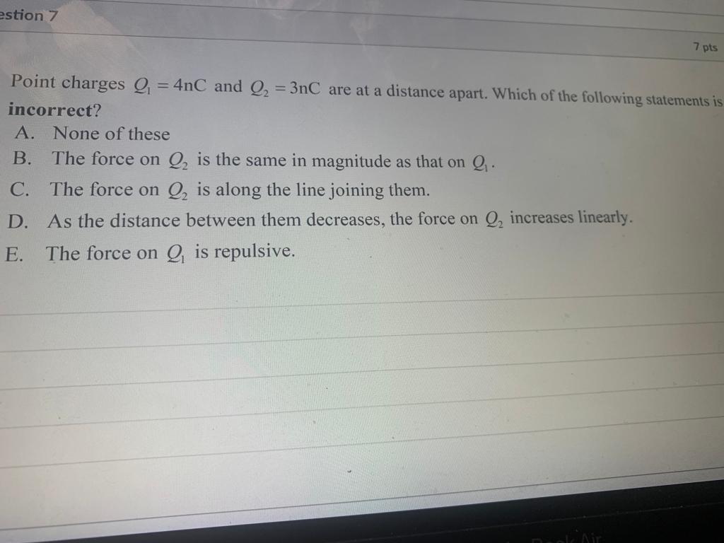 Solved Point charges Q1=4nC and Q2=3nC are at a distance | Chegg.com