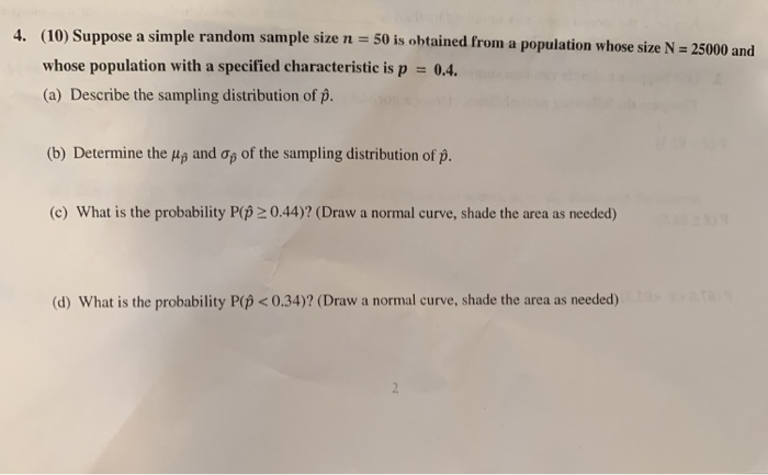Solved 4. (10) Suppose a simple random sample size n - 50 is | Chegg.com