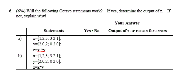 Solved 6. (6%) Will the following Octave statements work? If | Chegg.com