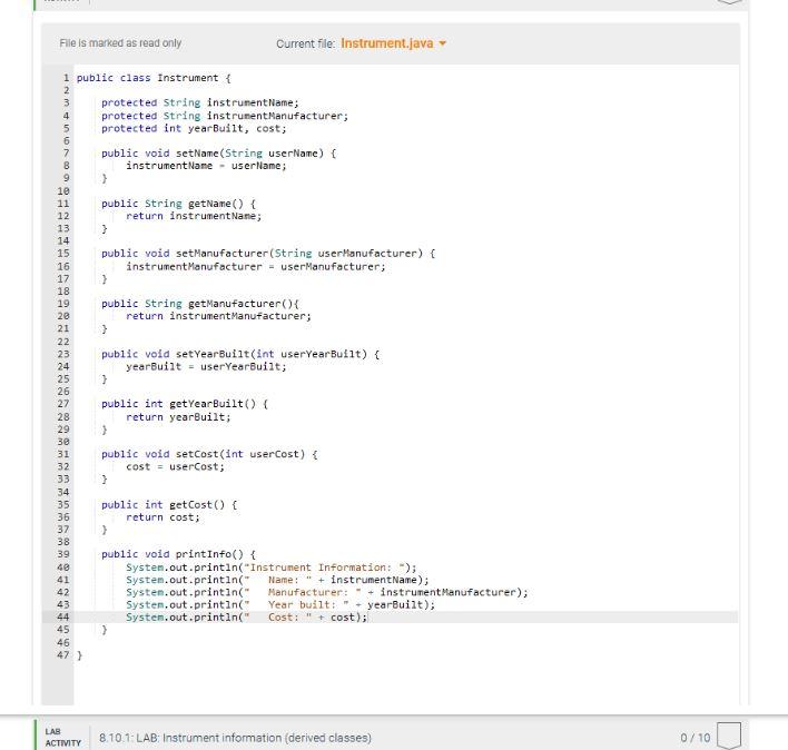 Solved 8.10 LAB: Instrument information (derived classes) | Chegg.com