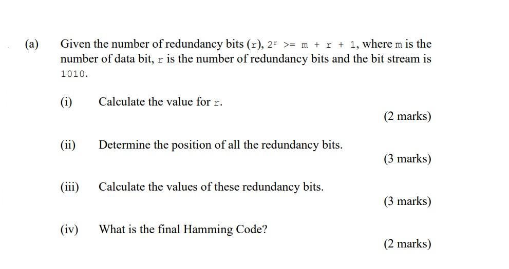 Solved (a) Given the number of redundancy bits | Chegg.com