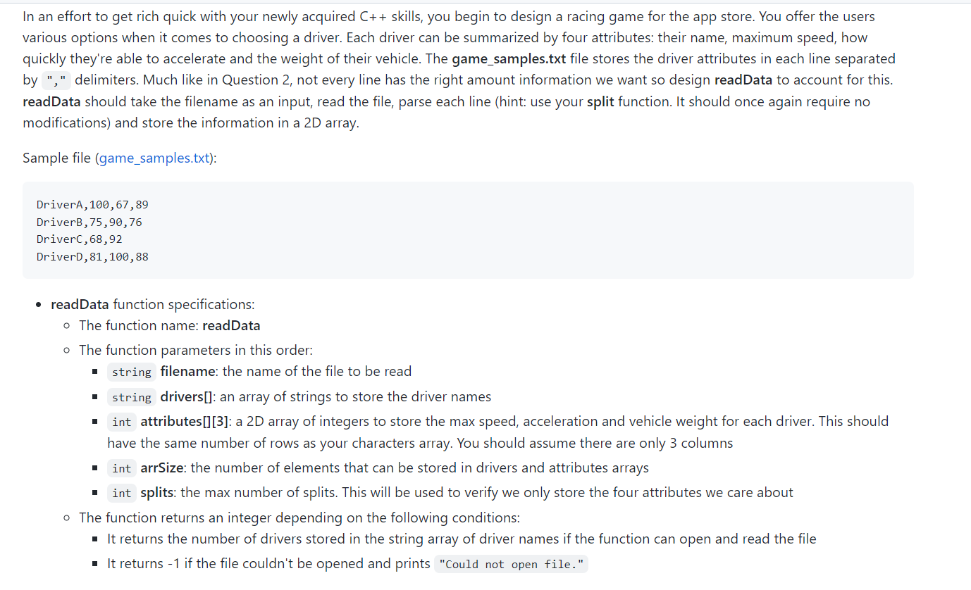 Solved Please finish readData function and thank you! It is | Chegg.com