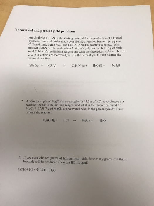 Solved Theoretical and percent yield problems 1. | Chegg.com
