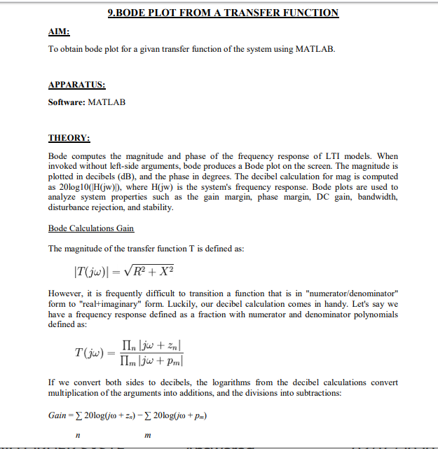 Solved 9.BODE PLOT FROM A TRANSFER FUNCTION AIM: To obtain | Chegg.com