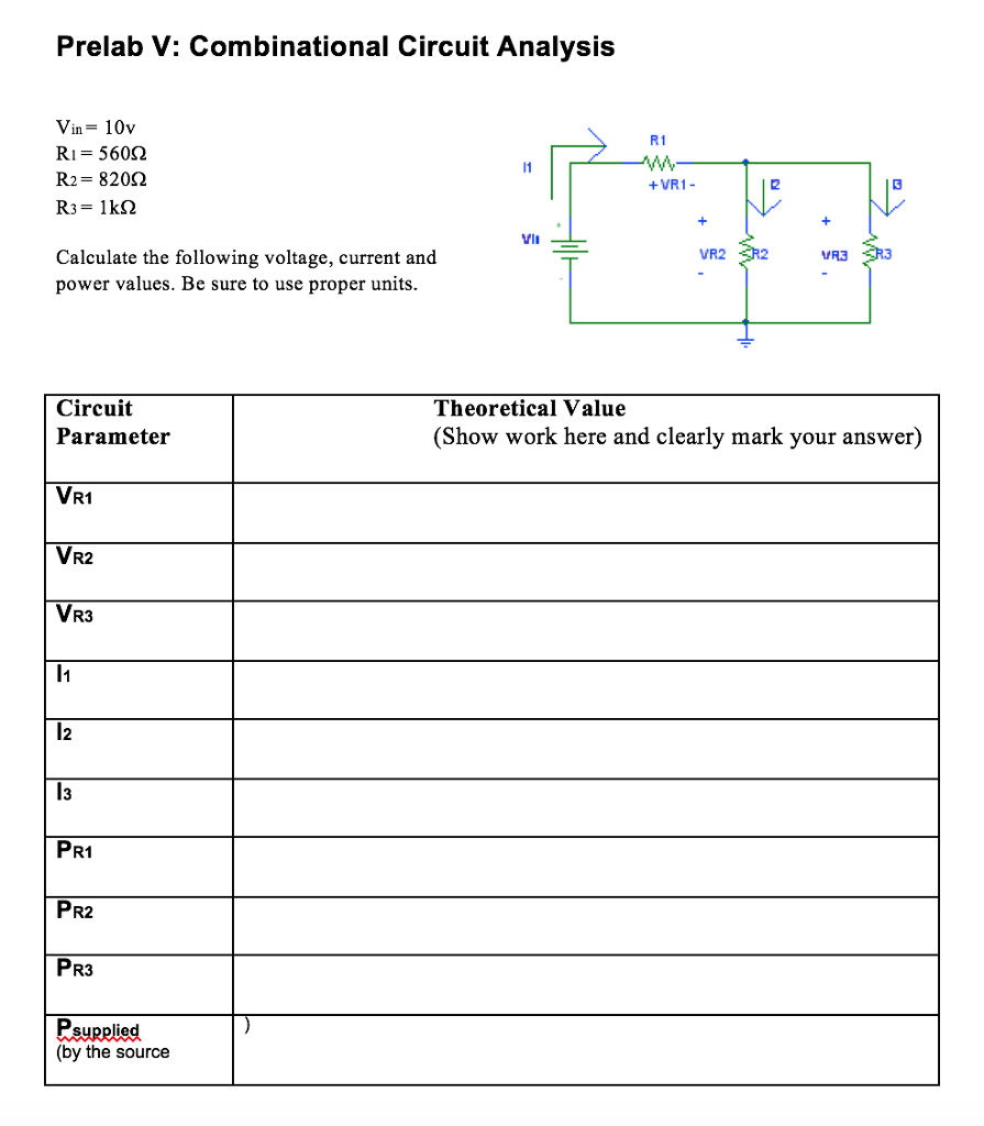 Solved Prelab V Combinational Circuit Analysis Vin 10v Ri 