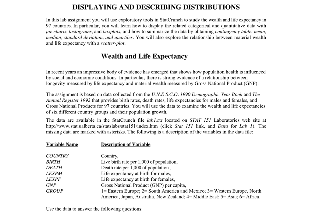 DISPLAYING AND DESCRIBING DISTRIBUTIONS In this lab | Chegg.com