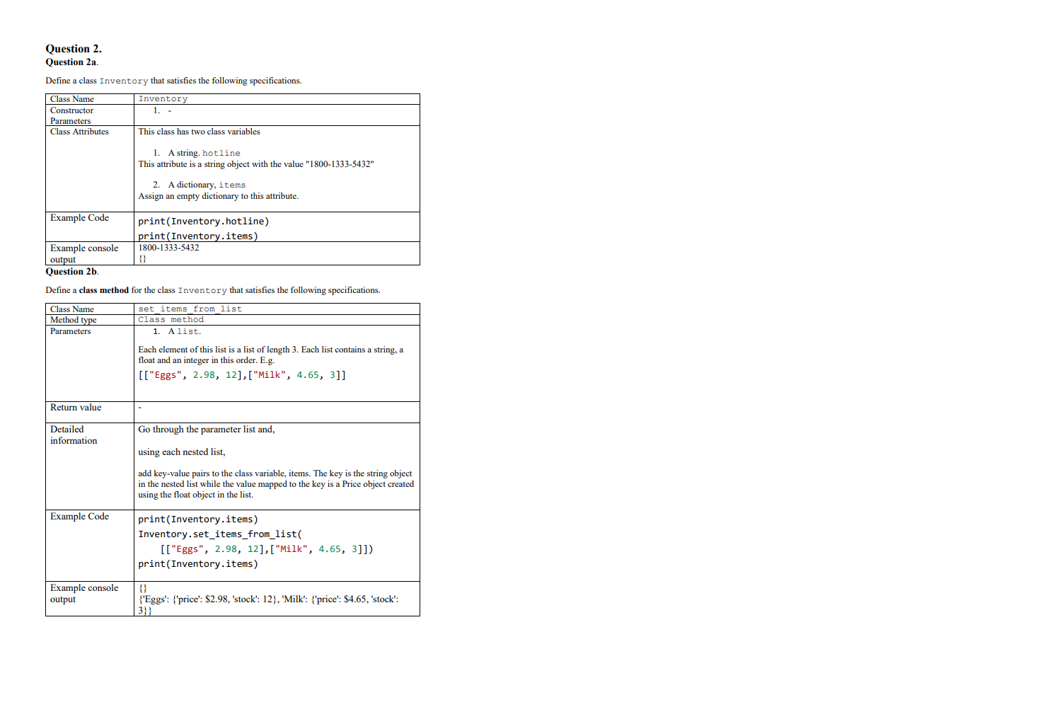 Question 2. Question 2a. Define a class Inventory | Chegg.com
