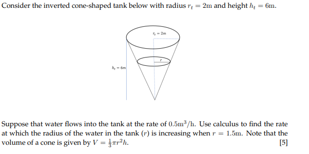 Solved Consider the inverted cone-shaped tank below with | Chegg.com
