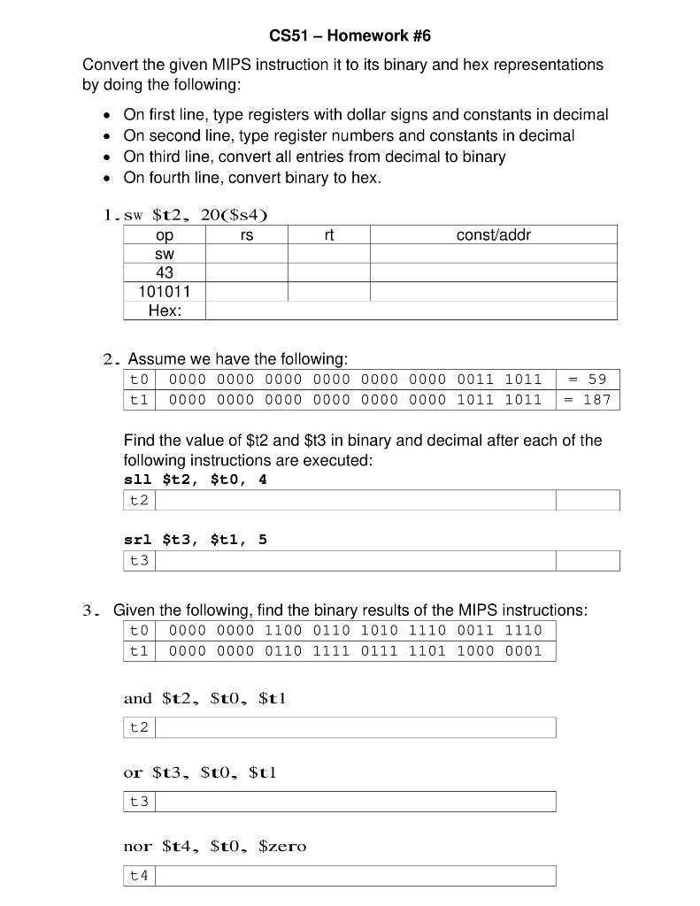 Solved CS51 - Homework #6 Convert the given MIPS instruction | Chegg.com