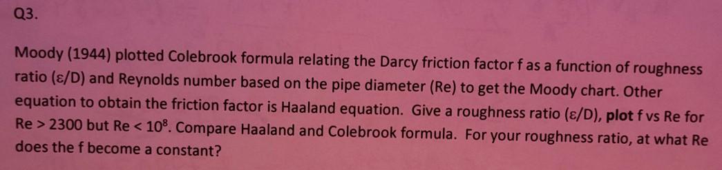 Solved Moody (1944) plotted Colebrook formula relating the | Chegg.com