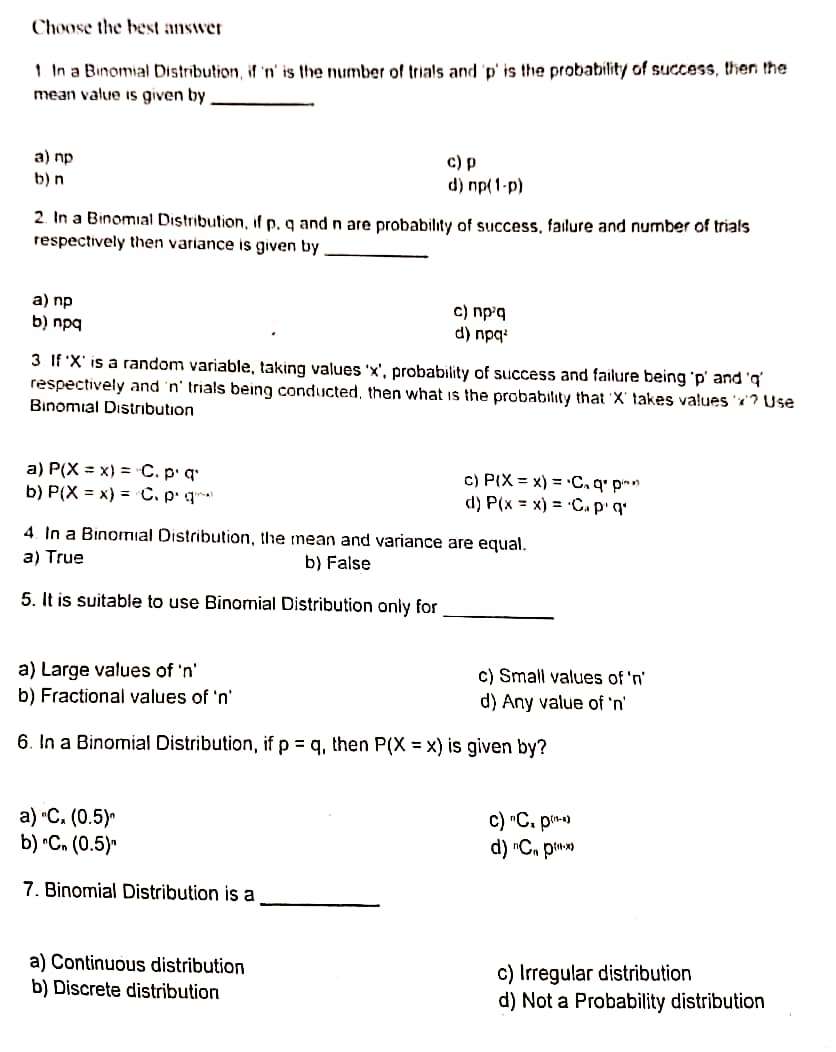 Solved 1 In a Binomial Distribution, if n ' is the number of | Chegg.com