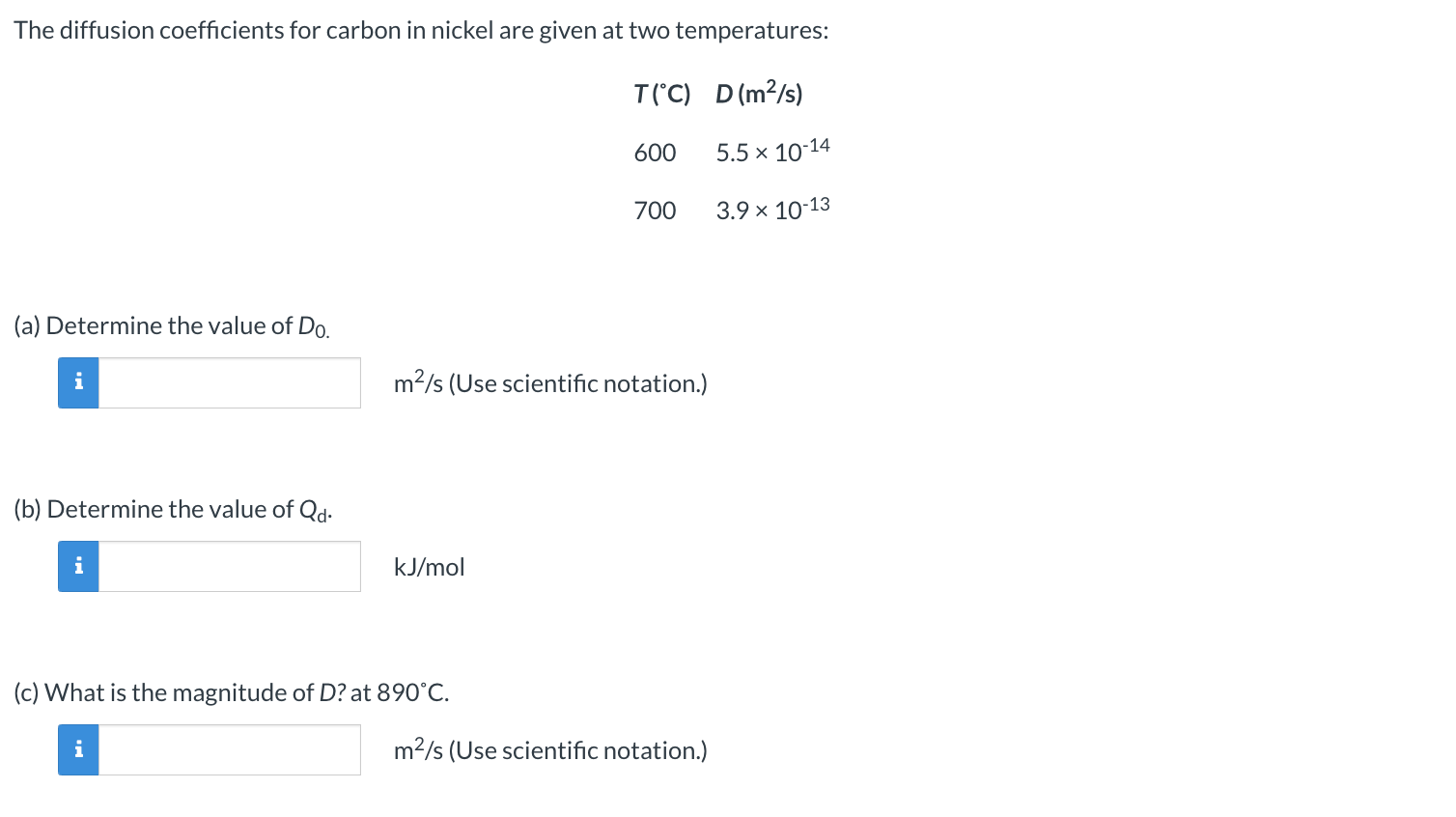 Solved The diffusion coefficients for carbon in nickel are | Chegg.com