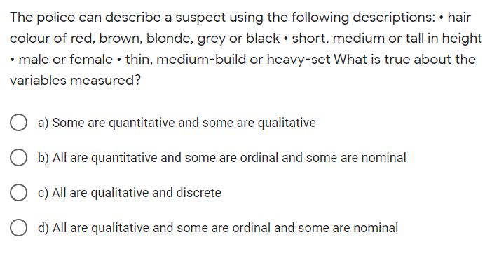 Solved The police can describe a suspect using the following | Chegg.com