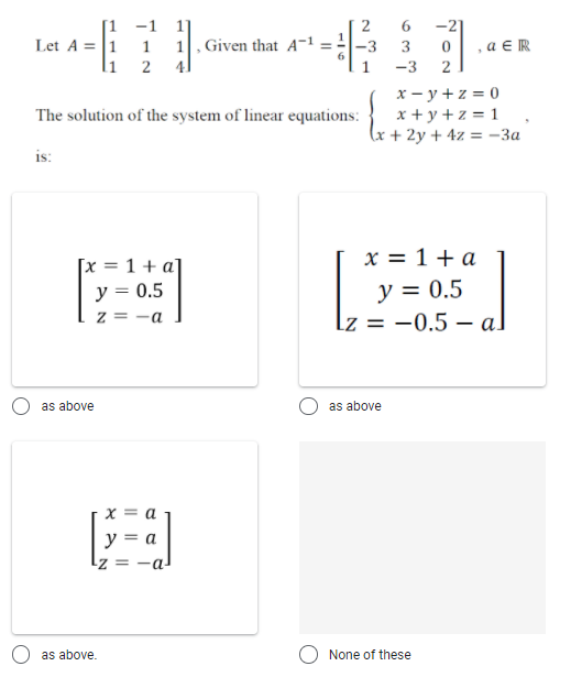 Solved AER -1 1 2 6 -21 Let A = 11 1. Given that A-1 -3 3 0 | Chegg.com