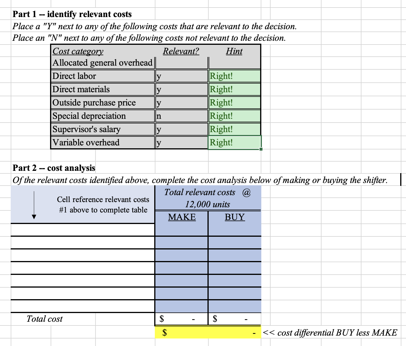 Solved Part 1 -- identify relevant costs Place a " Y " next | Chegg.com