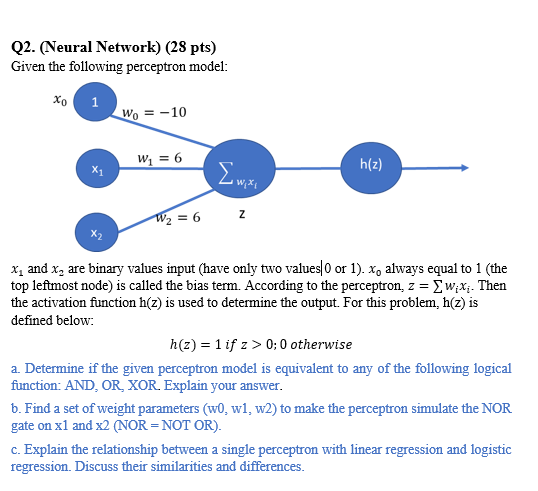 Solved Q2. (Neural Network) (28 pts) Given the following | Chegg.com