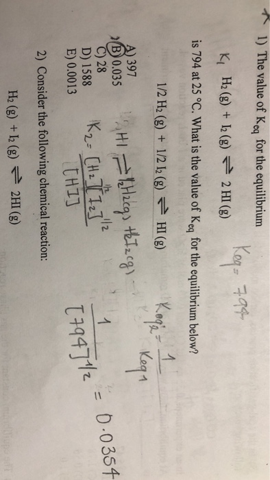 Solved 1) The value of Keg for the equilibrium KI H2 (g) + | Chegg.com