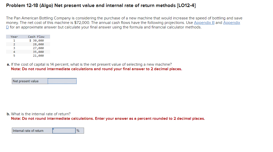 Solved Problem 12-18 (Algo) Net present value and internal | Chegg.com