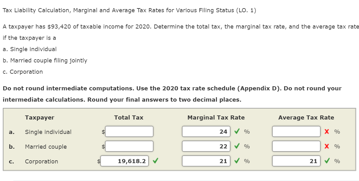 Solved Tax Liability Calculation, Marginal and Average Tax | Chegg.com