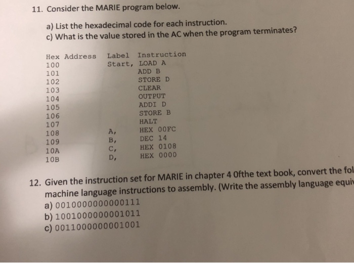 Solved 11 Consider The Marie Program Below A List The 