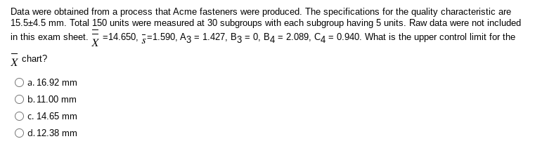 Solved Data were obtained from a process that Acme fasteners | Chegg.com
