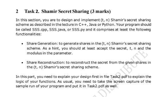 Solved 2 Task 2. Shamir Secret Sharing (3 marks) In this | Chegg.com