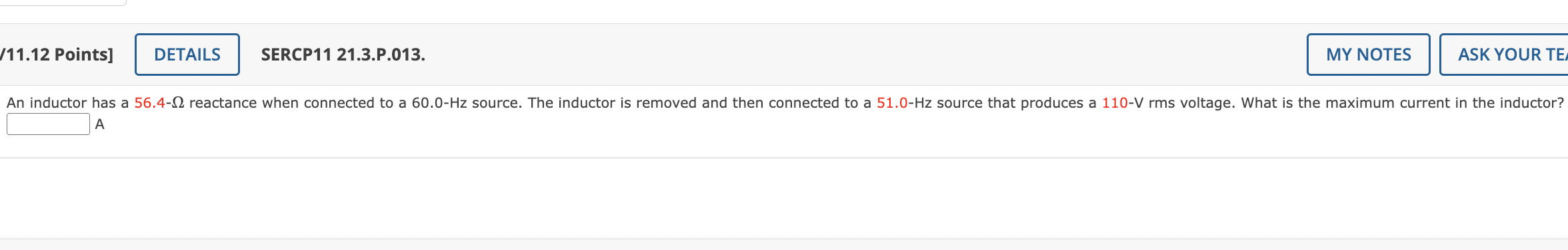 Solved 11.12 Points] SERCP11 21.3.P.013. ∫A | Chegg.com