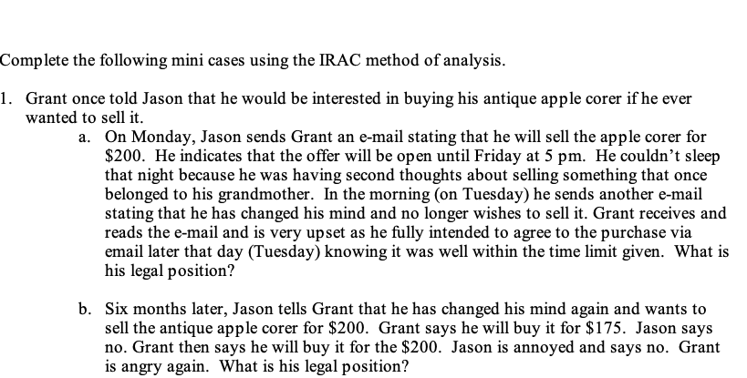 Solved Complete the following mini cases using the IRAC | Chegg.com