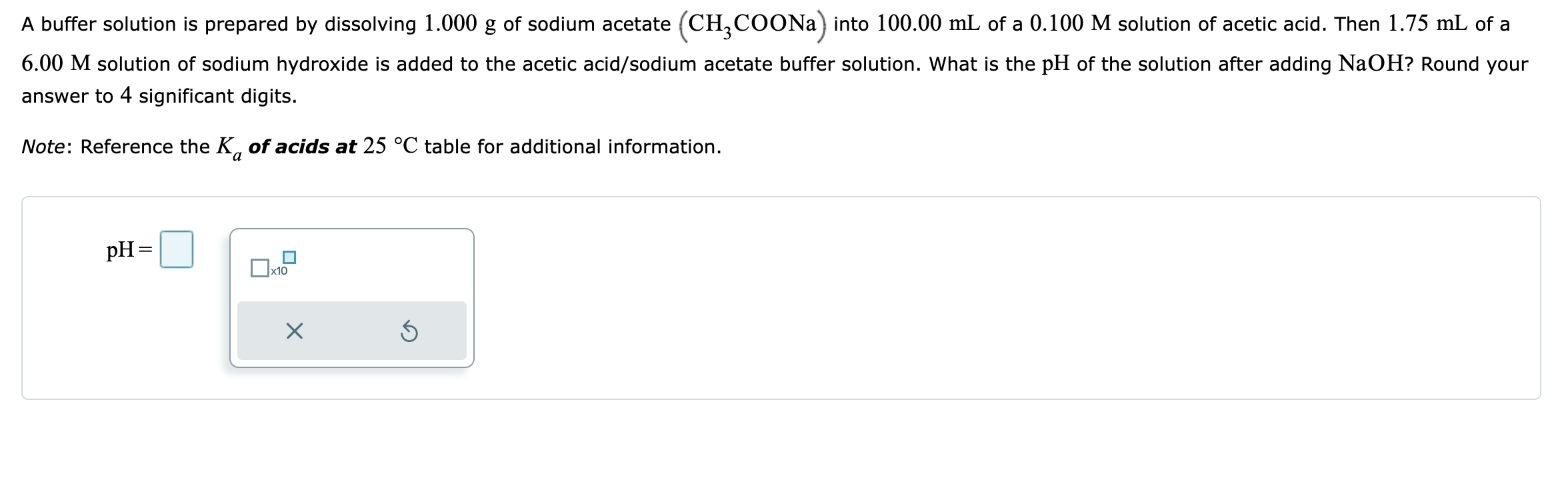 Solved A buffer solution is prepared by dissolving 1.000 g | Chegg.com