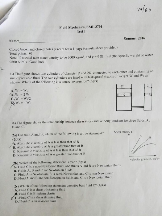 Fluid Mechanics, EML 3701 Test Summer 2016 Name: | Chegg.com