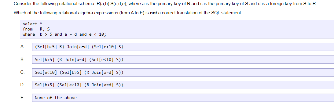 Solved Consider the following relational schema: R(a,b) | Chegg.com