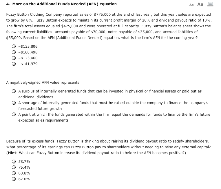 Solved 4. More on the Additional Funds Needed (AFN) equation | Chegg.com