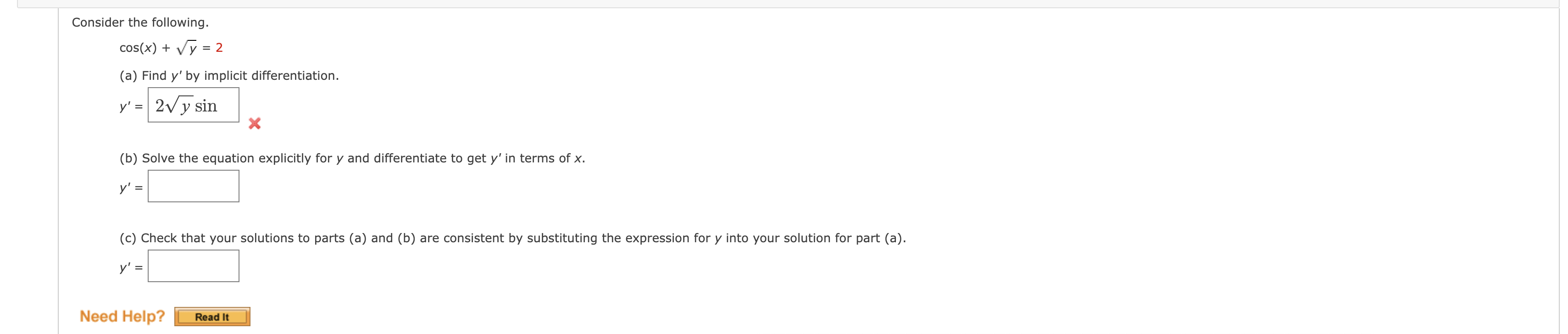 Solved Consider the following. cos(x)+y=2 (a) Find y′ by | Chegg.com