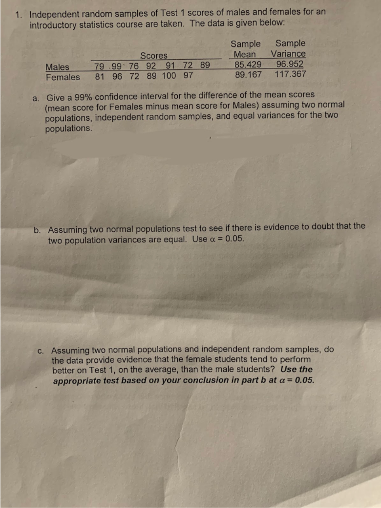 Solved 1. Independent random samples of Test 1 scores of | Chegg.com