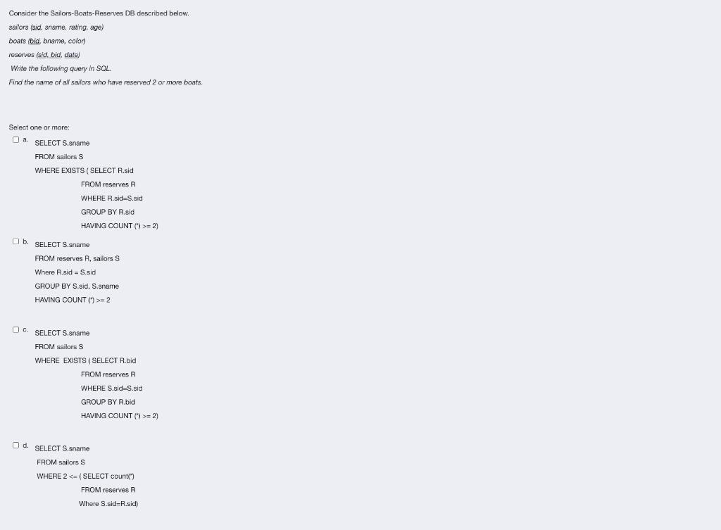 Solved Suppose that table Sailors (sid, sname, rating, age) | Chegg.com